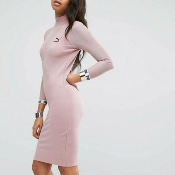 Puma | Dresses | Puma Pink Bodycon Bw Logo Mesh Sleeve Turtleneck Dress ...